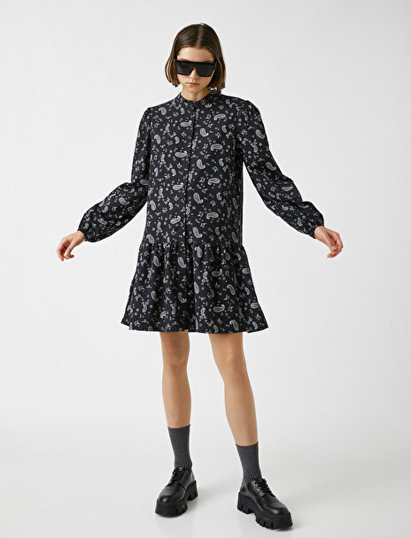 Koton Ole Genç Kız Uzun Kollu Elbise Şal Desenli Mini Fırfırlı Koton Ole Genç Kız Uzun Kollu Elbise Şal Desenli Mini Fırfırlı