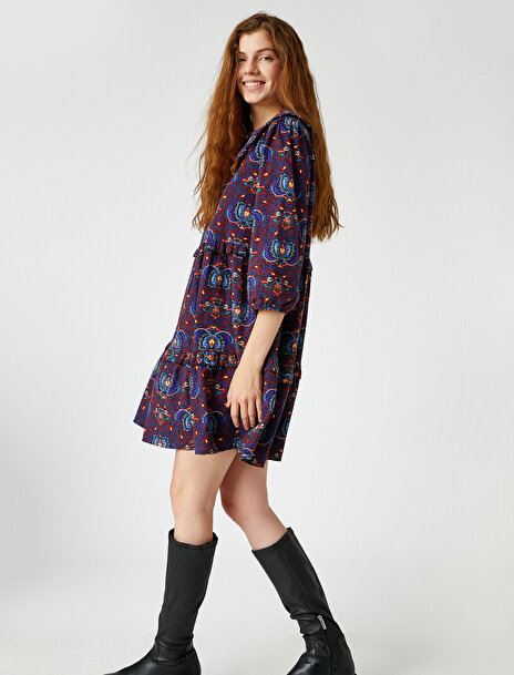 Koton Ole Genç Kız Volanlı Elbise Düğme Detaylı V Yaka