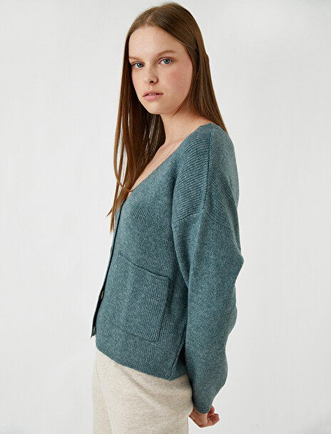 Koton Ole Genç Kız V Yaka Düğmeli Cepli Uzun Kollu Hırka