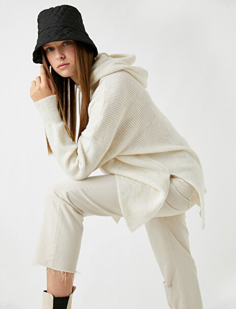 Koton Ole Genç Kız Kapüşonlu Örme Tunik Uzun Kollu Yırtmaçlı