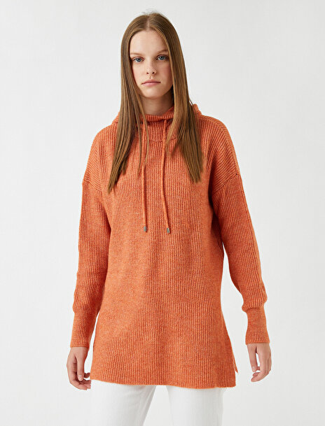 Koton Ole Genç Kız Kapüşonlu Örme Tunik Uzun Kollu Yırtmaçlı