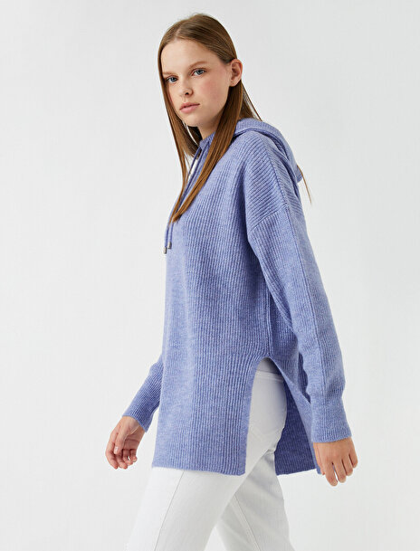 Koton Ole Genç Kız Kapüşonlu Örme Tunik Uzun Kollu Yırtmaçlı