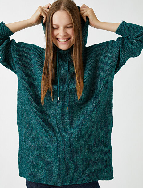 Koton Ole Genç Kız Kapüşonlu Örme Tunik Uzun Kollu Yırtmaçlı