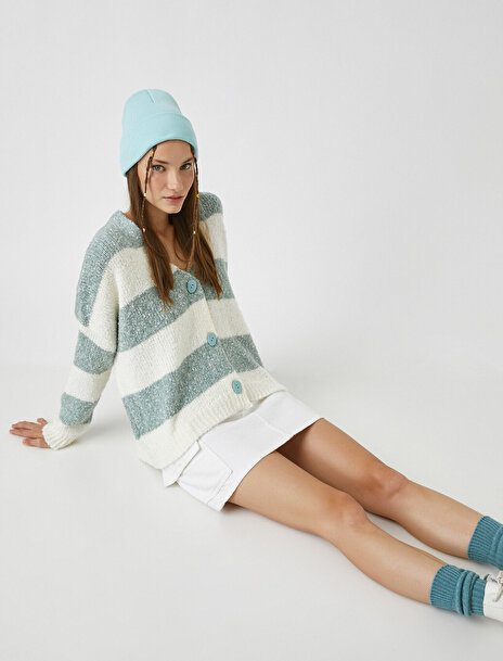 Koton Ole Genç Kız Çizgili Triko Hırka V Yaka