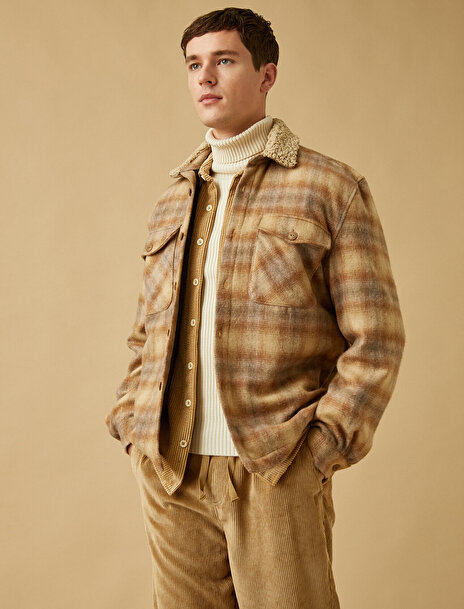 Koton Erkek Suni Kürk Yakalı Ekose Mont