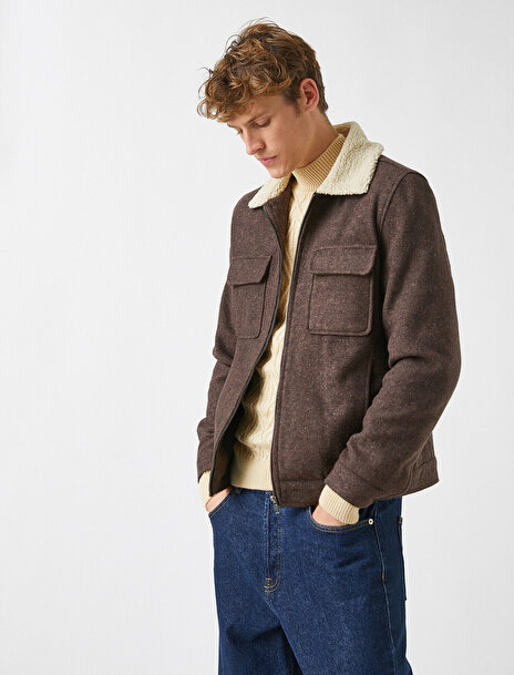 Koton Erkek Suni Kürk Yakalı Kaşe Mont