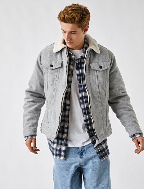 Koton Erkek Yakası Kürklü Kaşe Mont Şerpalı