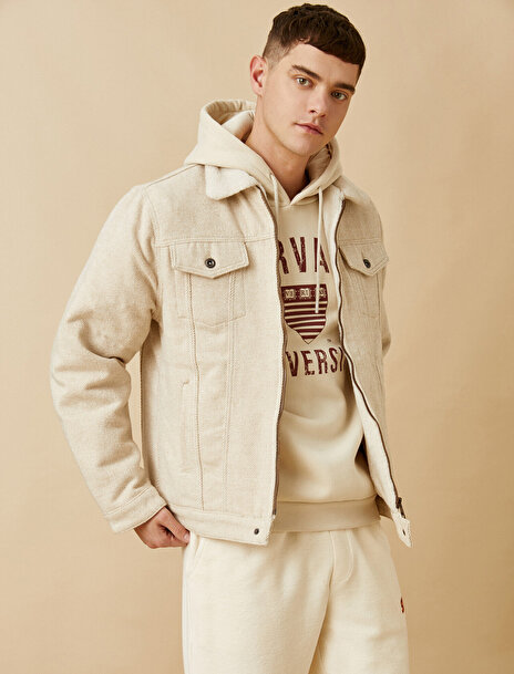 Koton Erkek Yakası Kürklü Kaşe Mont Şerpalı