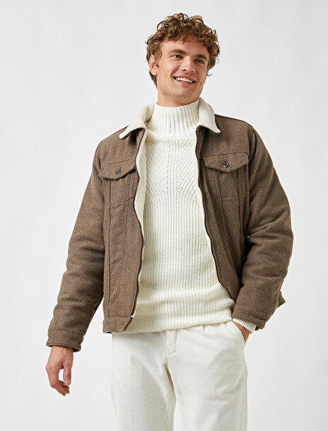 Koton Erkek Yakası Kürklü Kaşe Mont Şerpalı