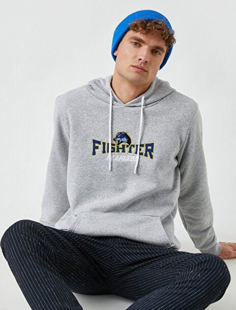 Koton Erkek Kurt İşlemeli Kapşonlu Sweatshirt