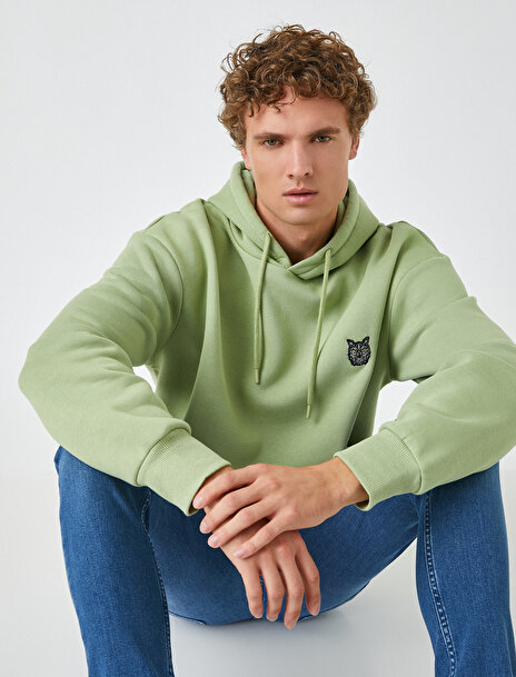 Koton Erkek Kurt İşlemeli Kapüşonlu Sweatshirt