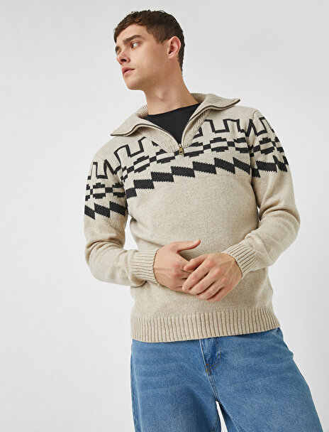 Koton Erkek Yünlü Dik Yaka Yarım Fermuar Kazak