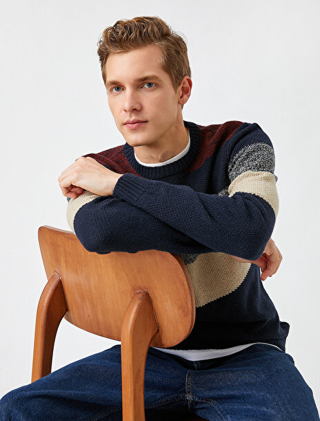 Koton Erkek Slim Fit Yünlü Renk Bloklu Kazak