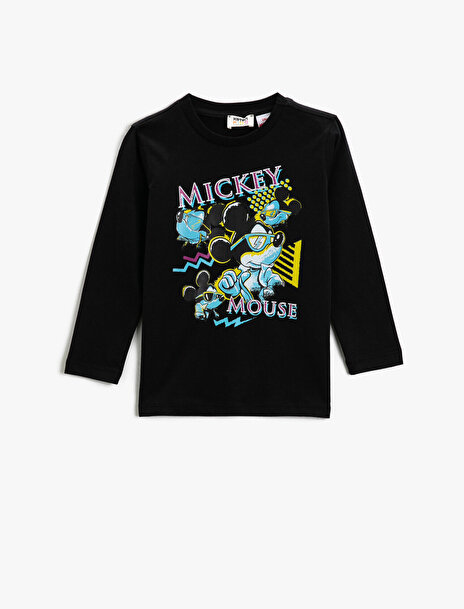 Koton Erkek Çocuk Mickey Mouse Baskılı Tişört Lisanslı Uzun Kollu Bisiklet Yaka Pamuklu