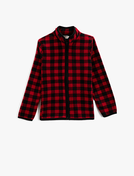 Koton Erkek Çocuk Polar Ekose Sweatshirt Fermuarlı Uzun Kollu