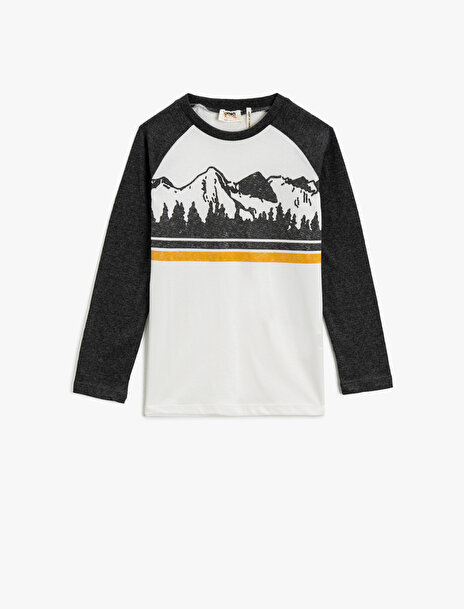 Koton Erkek Çocuk Renk Bloklu Tişört Uzun Kollu Baskılı Pamuklu