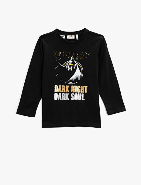 Koton Erkek Çocuk Batman Lisanslı Baskılı Tişört Pullu Pamuklu Uzun Kollu