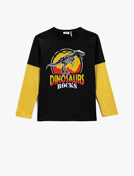 Koton Erkek Çocuk Dinozor Baskılı Tişört Uzun Kollu Bisiklet Yaka