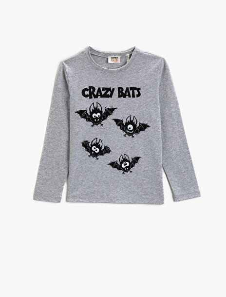 Koton Erkek Çocuk Yarasa Baskılı Tişört Uzun Kollu Bisiklet Yaka