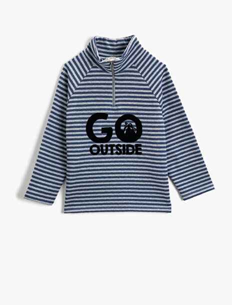 Koton Erkek Çocuk Slogan Baskılı Çizgili Tişört Yakası Fermuarlı Uzun Kollu