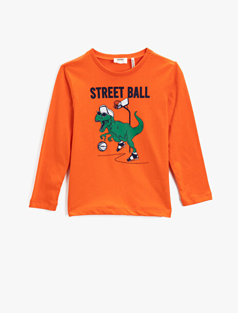 Koton Erkek Çocuk Dinozor Baskılı Tişört Uzun Kollu Bisiklet Yaka Pamuklu