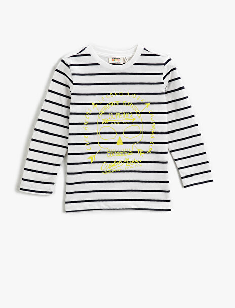 Koton Erkek Çocuk Kurukafa Baskılı Çizgili Tişört Pamuklu Uzun Kollu