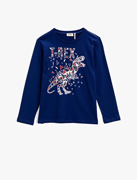 Koton Erkek Çocuk Dinozor Baskılı Tişört Uzun Kollu Bisiklet Yaka Pamuklu