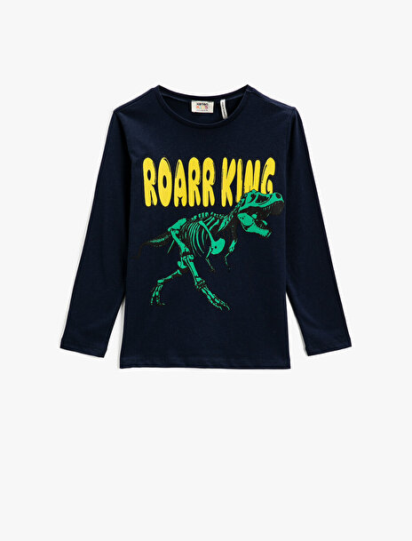 Koton Erkek Çocuk Dinozor Baskılı Tişört Uzun Kollu Bisiklet Yaka Pamuklu