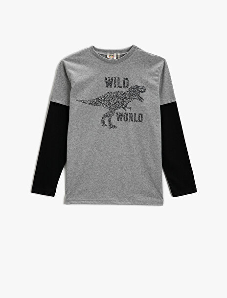 Koton Erkek Çocuk Dinozor Baskılı Tişört Uzun Kollu Bisiklet Yaka