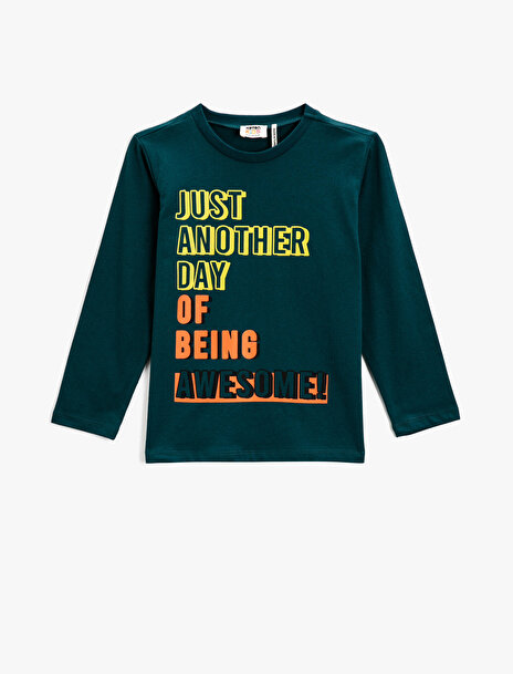 Koton Erkek Çocuk Yazı Baskılı Tişört Uzun Kollu Bisiklet Yaka Pamuklu