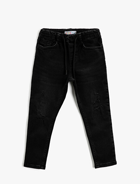 Koton Erkek Çocuk Yırtık Kot Pantolon Beli Bağcıklı Pamuklu