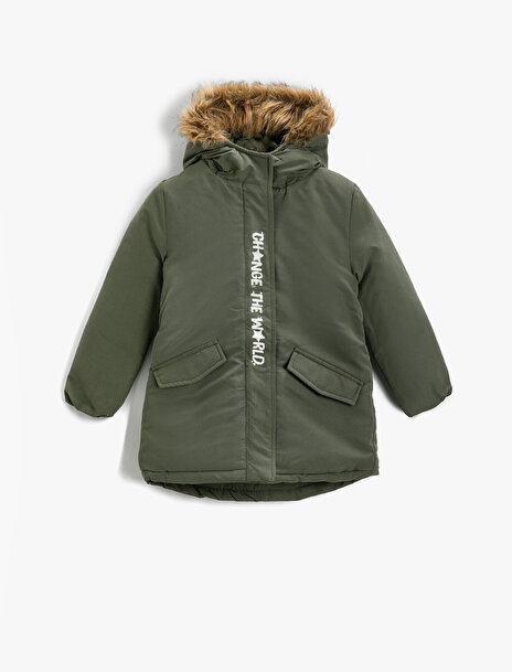 Koton Kız Çocuk Slogan Baskılı Suni Kürk Kapüşonlu Mont