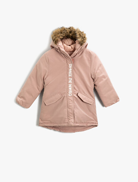 Koton Kız Çocuk Slogan Baskılı Suni Kürk Kapüşonlu Mont