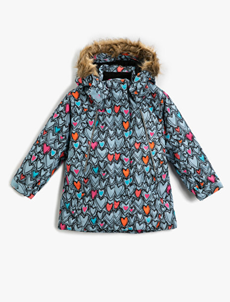 Koton Kız Çocuk Kalp Baskılı Suni Kürk Kapüşonlu Şişme Mont