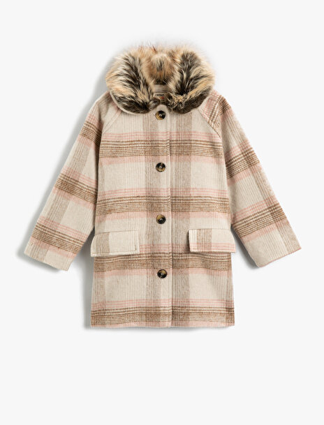 Koton Kız Çocuk Yakası Suni Kürklü Ekose Kaşe Kaban