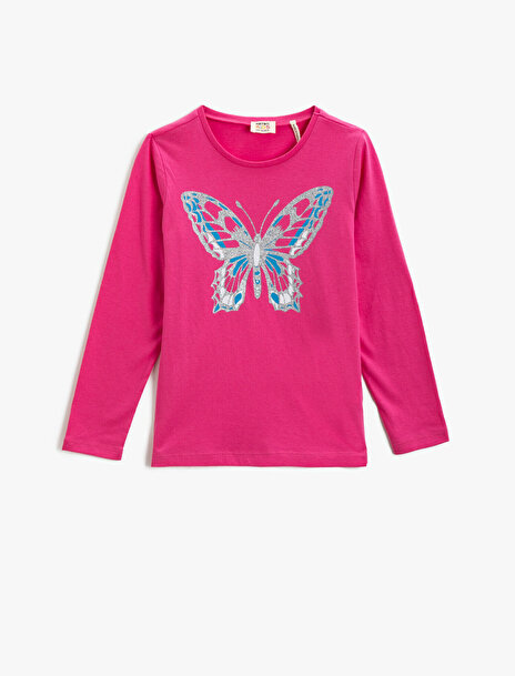 Koton Kız Çocuk Kelebek Baskılı Tişört Uzun Kollu Pamuklu