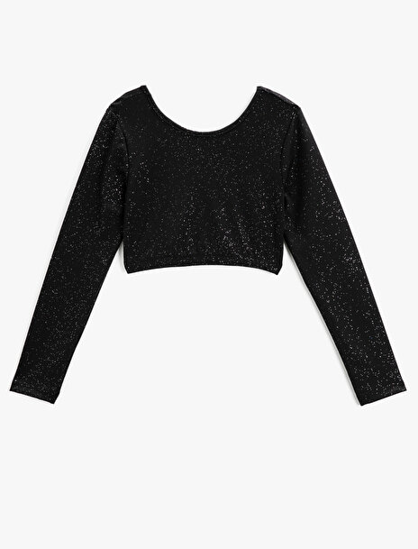 Koton Kız Çocuk Simli Crop Tişört Uzun Kollu Bisiklet Yaka