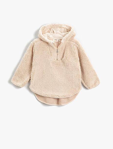 Koton Kız Çocuk Kapşonlu Peluş Sweatshirt Uzun Kolllu Yakası Fermuarlı