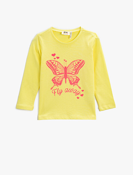 Koton Kız Çocuk Kelebek Baskılı Tişört Uzun Kollu Pamuklu