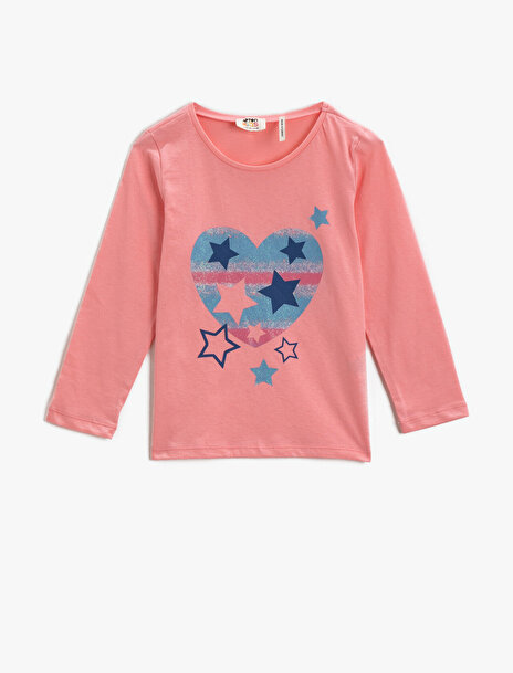 Koton Kız Çocuk Yıldız Baskılı Tişört Uzun Kollu Bisiklet Yaka Pamuklu
