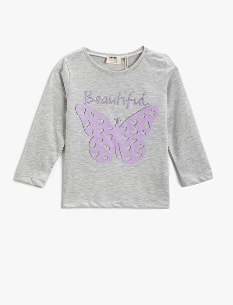 Koton Kız Çocuk Kelebek Baskılı Bisiklet Yaka Uzun Kollu Tişört