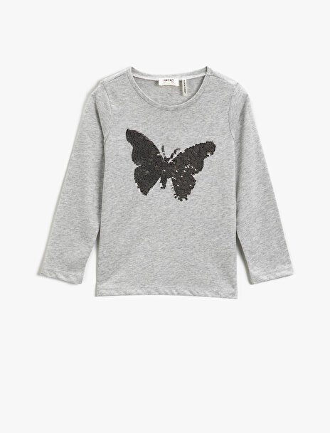 Koton Kız Çocuk Kelebek Baskılı Tişört Uzun Kollu Bisiklet Yaka
