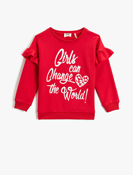 Koton Kız Çocuk Baskılı Uzun Kollu Sweatshirt Kolları Fırfırlı Pamuklu