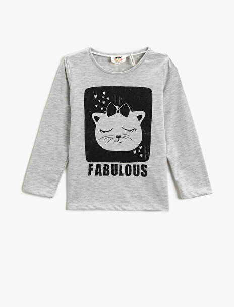 Koton Kız Çocuk Kedi Baskılı Tişört Bisiklet Yaka Uzun Kollu