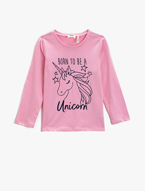 Koton Kız Çocuk Unicorn Baskılı Tişört Bisiklet Yaka Uzun Kollu