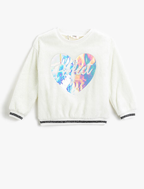 Koton Kız Çocuk Kalp Baskılı Peluş Sweatshirt Uzun Kollu Simli Şeritli Koton Kız Çocuk Kalp Baskılı Peluş Sweatshirt Uzun Kollu Simli Şeritli