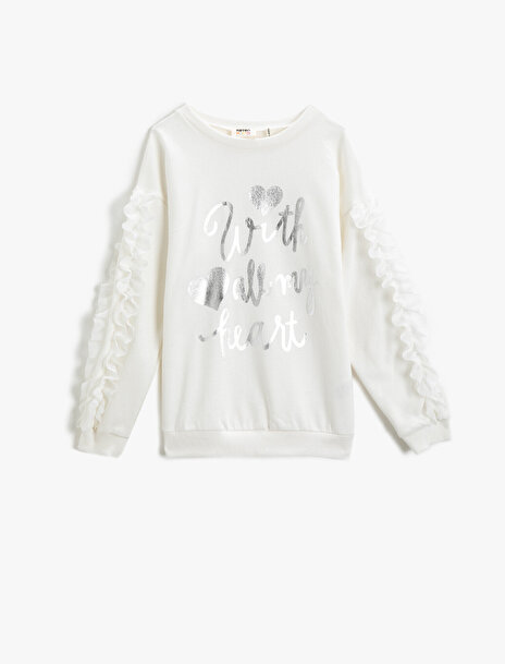 Koton Kız Çocuk Baskılı Sweatshirt Kolları fırfırlı Pamuklu