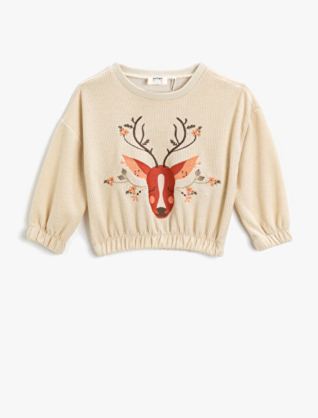 Koton Kız Çocuk Hayvan İşlemeli Sweatshirt Uzun Kollu Beli Lastikli