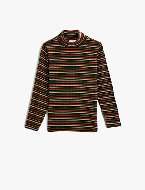 Koton Kız Çocuk Boğazlı Çizgili Uzun Kollu Tişört