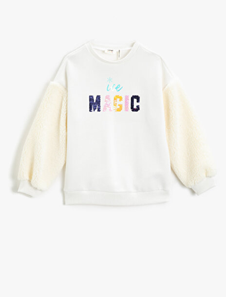 Koton Kız Çocuk Peluş Kollu Payetli Sweatshirt Pamuklu Balon Kollu
